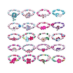 JOTIKO 20 Psc Bracelets for Little Girls - Princess Birthday Party Favors Goodie Bag Pinata Stuffers, Cute Friendship Rainbow Beaded Bracelet Play Jewelry Unicorn Mermaid Animals Wooden Charms Classroom Exchange Gifts