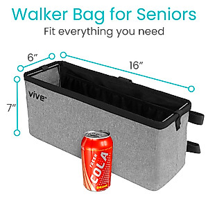 Vive Walker Basket Accessories Bag - Tray for Folding Walker with Water Cup Holder & Pockets - Universal Large Capacity Storage Container for Seniors, Elderly - Storage Mobility Aid Pouch (Gray)