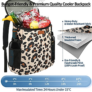 Camping Cooler Backpack 30 Cans, Soft Backpack Coolers Insulated Leak Proof Travel Cooler Bag Waterproof Lunch Picnic Beach Work Trip Thermal Bag Drink Beverage Beer Bag Cooler Leopard Print