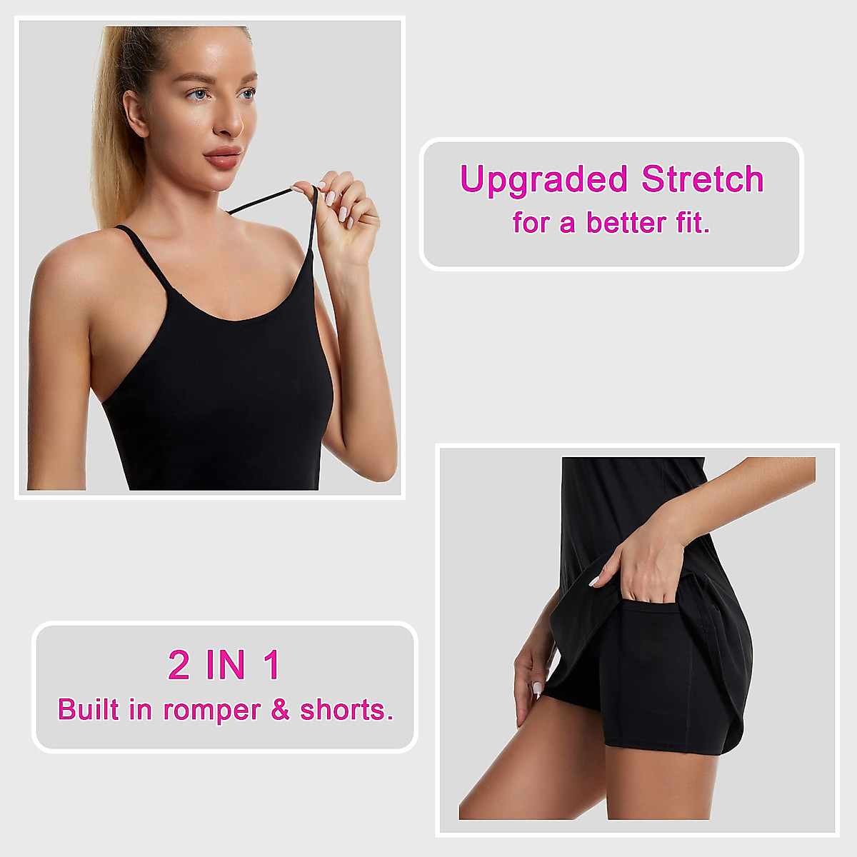 Women's Tennis Dress, Workout Golf Dress Built-in with Bra & Shorts Pocket Sleeveless Athletic Dresses Black