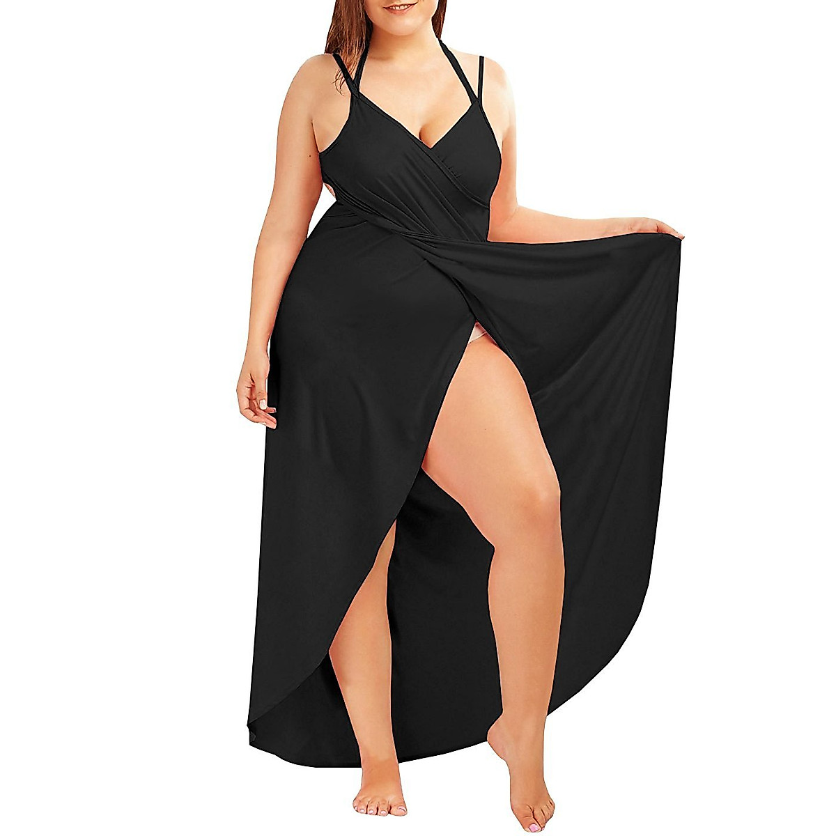 Fadalo Plus Size Spaghetti Strap Cover Up Beach Backless Wrap Long Dress (Black, xx_l)