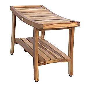 EcoDecors Harmony Teak Shower Bench 30" Long Natural Wood Shower Bench with Shelf and LiftAide Arms Shower Stool in Earthy Teak Finish for Indoors and Outdoors