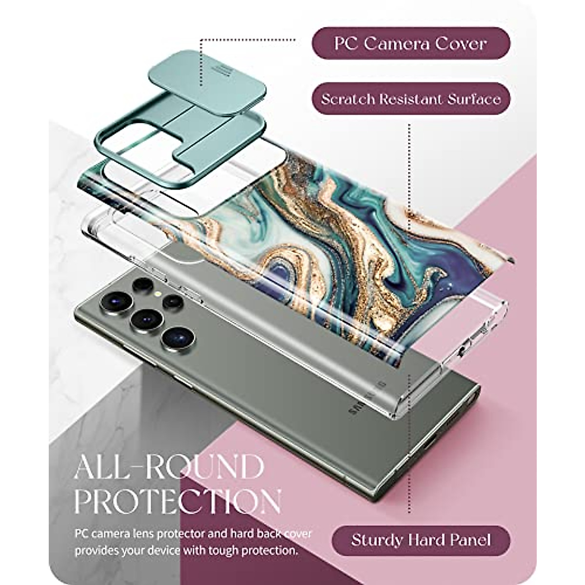 HORTUNE for Samsung Galaxy S23 Ultra Case with Slide Camera Cover, [Military Grade Drop Protection] Marble Phone Case Shockproof Stylish Slim Fit for S23 Ultra 6.8" 2023 (Starry/Green)