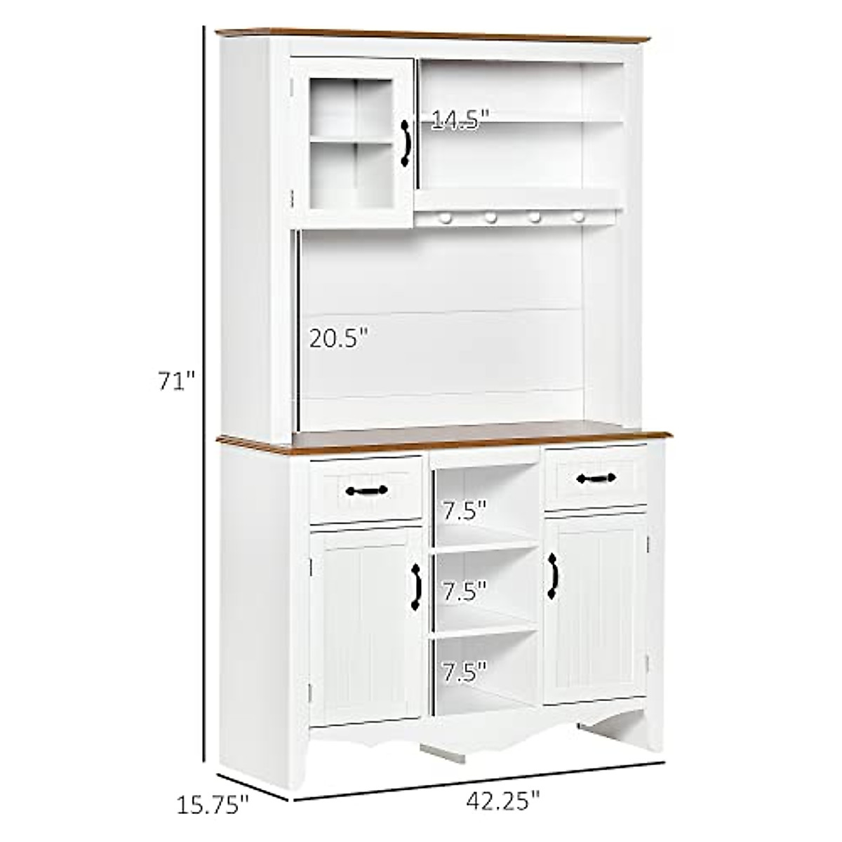 HOMCOM 71" Kitchen Buffet with Hutch, Farmhouse Style Storage Pantry with 2 Drawers, 3 Door Cabinets and 3 Shelves, White