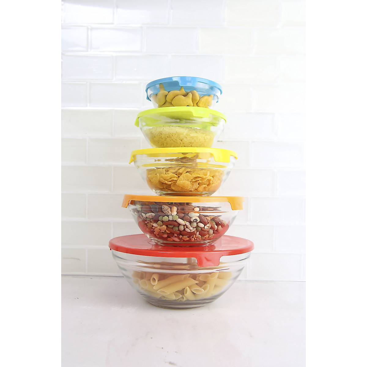 Home Basics Glass Food Storage Containers with Multi Color Plastic Lids