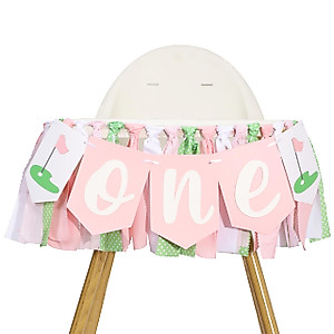 Golf 1st Birthday Decorations For Girls - Hole In One High Chair Banner,Sports Themed First Birthday Photo Props,Golf Pink Green Ribbon One Banner,Baby Girl Smash Cake Backdrop Highchair Banner
