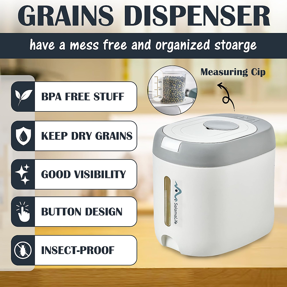 SalamaLife Airtight Food Storage Multi-Purpose Plastic Container with Lids -22 lbs Bucket, Rice dispenser & sugar container-dog food storage, Cereal & Grain Storage- White/Grey