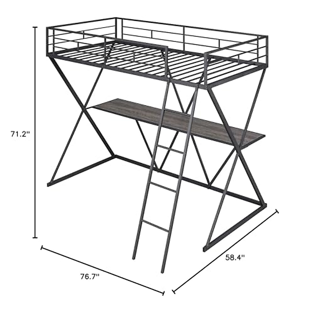 ATY Metal Loft Bed with Wood Desk and Ladder, X-Shaped Twin Size Bedframe w/Full-Length Guardrails, for Kids Teens Adults, Bedroom Furniture, Black