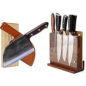 Kitchen Magnetic Knife Block & Serbian Chef Knife, Anti-Rust Oil Coating Kitchen Cooking Knife with Sheath