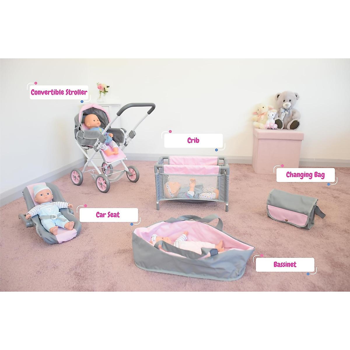 KOOKAMUNGA KIDS 5 Pc Baby Doll Stroller Set - Baby Doll Accessories - Baby Doll Playset w/ Doll Crib Stroller Car Seat - Playpen - Carry Cot - Diaper Bag - Ages 3+ - Deluxe Grey / Pink