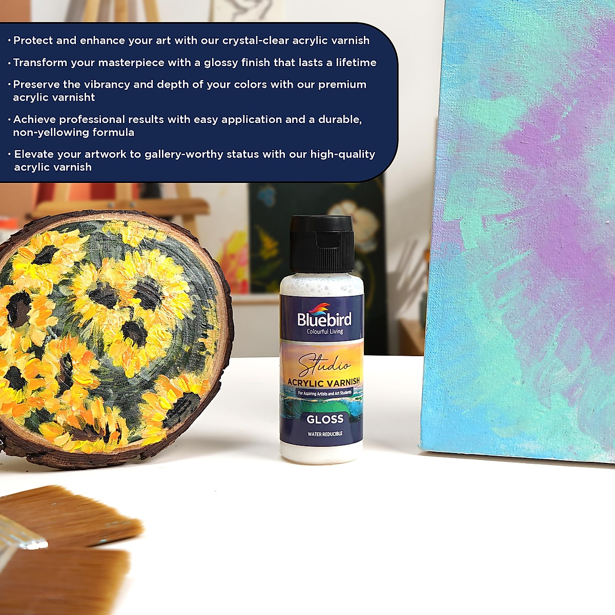 Bluebird Studio Acrylic Varnish, Gloss, 3.4 Fl Oz / 100ML, Non-Yellowing, Non-Toxic, Anti-Crazing, Basic Varnish for Pro Artists, Hobby Painters & Kids