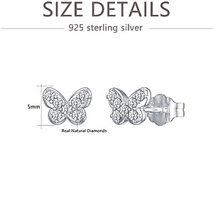 CTIEIP 1/10 Cttw Natural White Diamond Butterfly Stud Earrings for Women in Sterling Silver Tiny Butterfly Stud Jewelry Gift for Her
