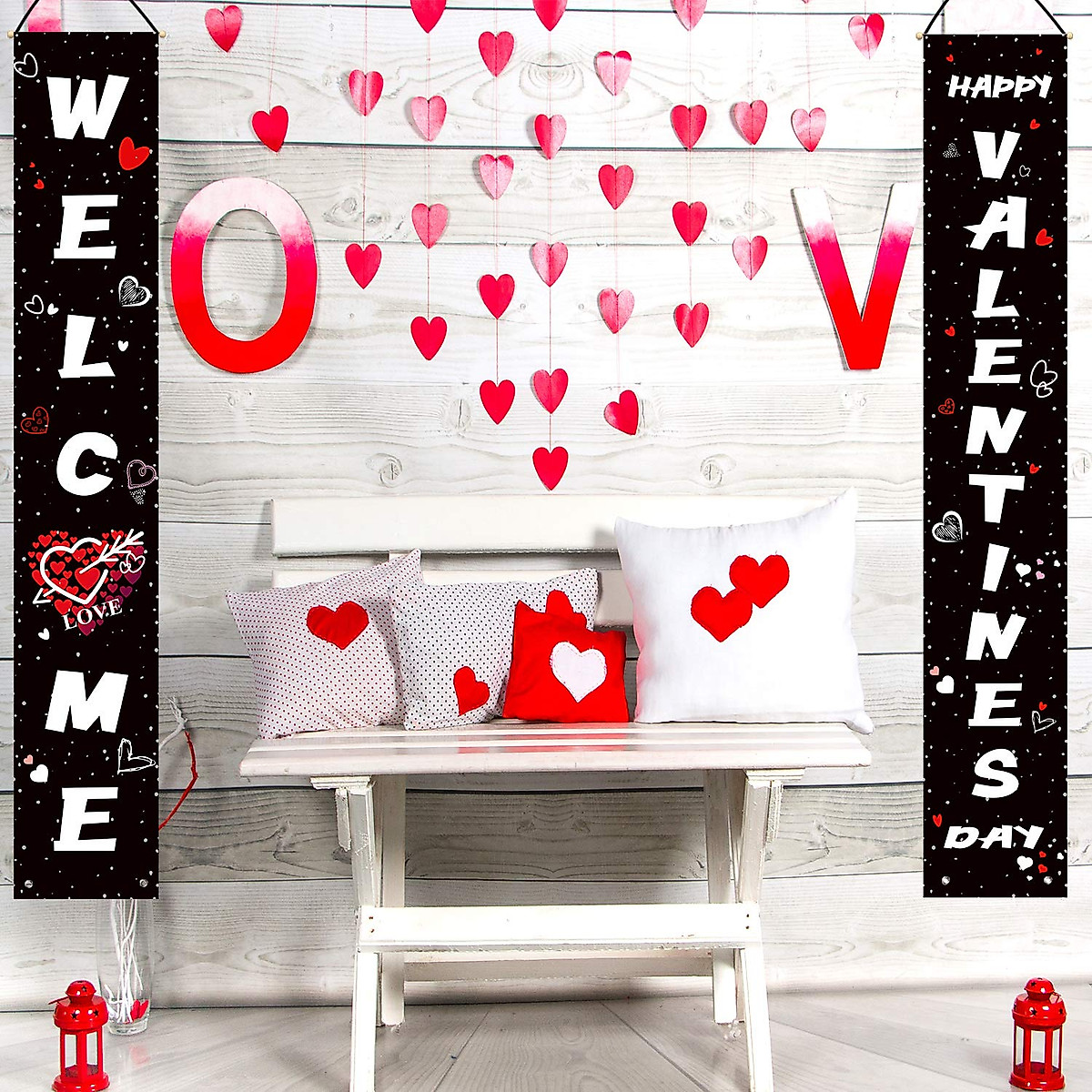 Whaline Valentines Porch Sign, Welcome and Happy Valentines Day Hanging Banners for Holiday Home Indoor Outdoor Porch Wall Valentine's Day Decoration (Black)