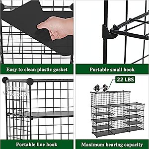 C&AHOME Wire Cube Storage Unit, Interlocking Metal Wire Organizer with Divider Design, Modular Cabinet with Plastic Panels, Bookshelf Stackable Closet Organizer with Small Hooks, Black UWCSIM08B