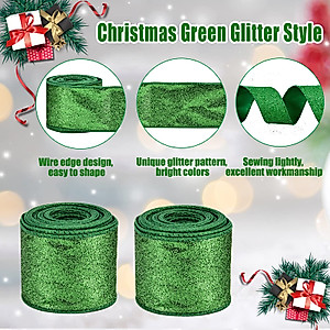 2 Rolls St. Patrick's Day Green Glitter Ribbon for Gift Wrapping, Green Shiny Curling Wired Edge Ribbon for Christmas Tree Wreath DIY Crafts Home Party Holiday Decoration, 2.5" x 10 Yd x 2 / Green