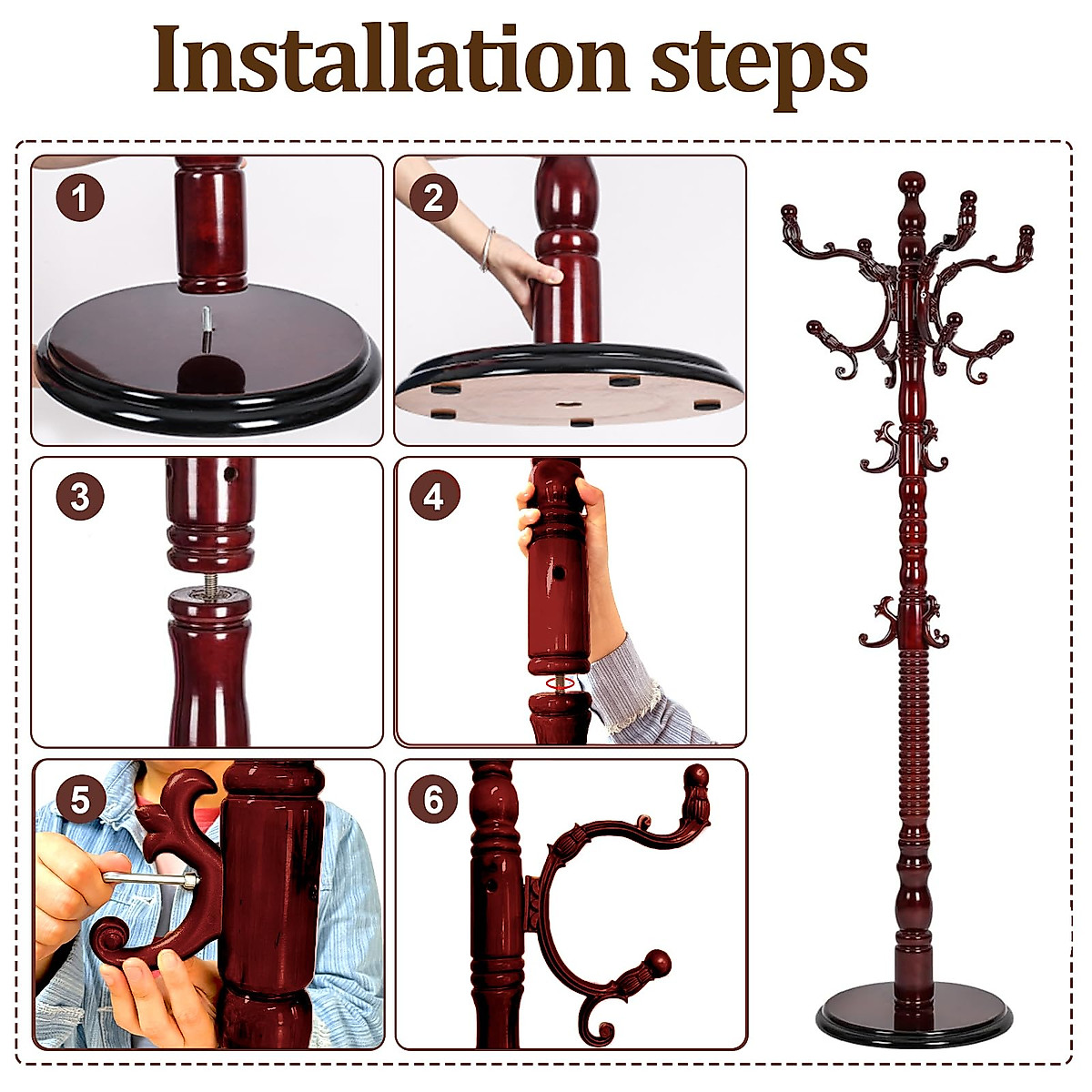 Coat Rack Freestanding, Wooden Coat Rack 14 Hooks, Pure Natural Solid Tree Coat Hanger Stable Disc Base, Adjustable Floor Hanger,for Bedroom Office Hallway Entryway(Mahogany)