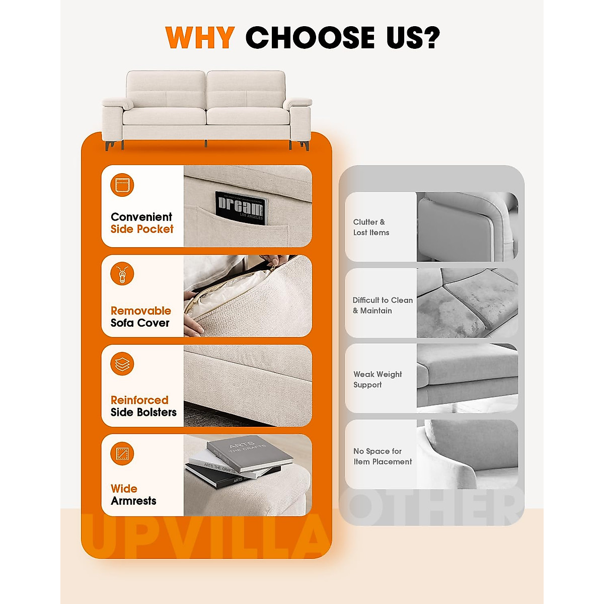 71.25" Modern Sofa Couch for Living Room, Deep Seat Sleeper Sofa with 8”Cushion, Comfy 2-Seater Chenille Loveseat Sofa with Convertible Armrest, Removable Sofa Cover, High Leg (Beige)