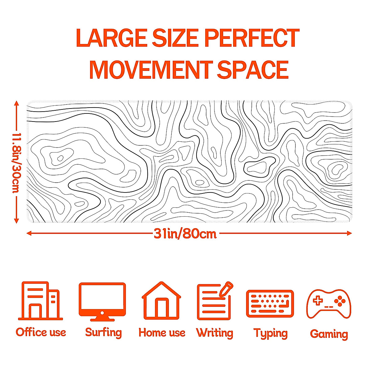 【Super Smooth Fabric】 Minimalist Desk Mat Topographic Pattern Gaming Mouse Pad Large Desk Pad with Stitched Edges Gaming Mousepad Aesthetic Deskmat XL, Keyboard Pad for Women Desk 31.5"x11.8" White