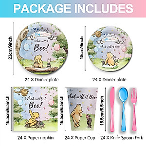 Piooluialy Winnie Bear Gender Reveal Party Supplies - Classic Winnie Pooh Party Supplies Include Plates, Cups, Napkins, Cutlery, Boy or Girl Winnie Baby Shower Decorations | Serves 24
