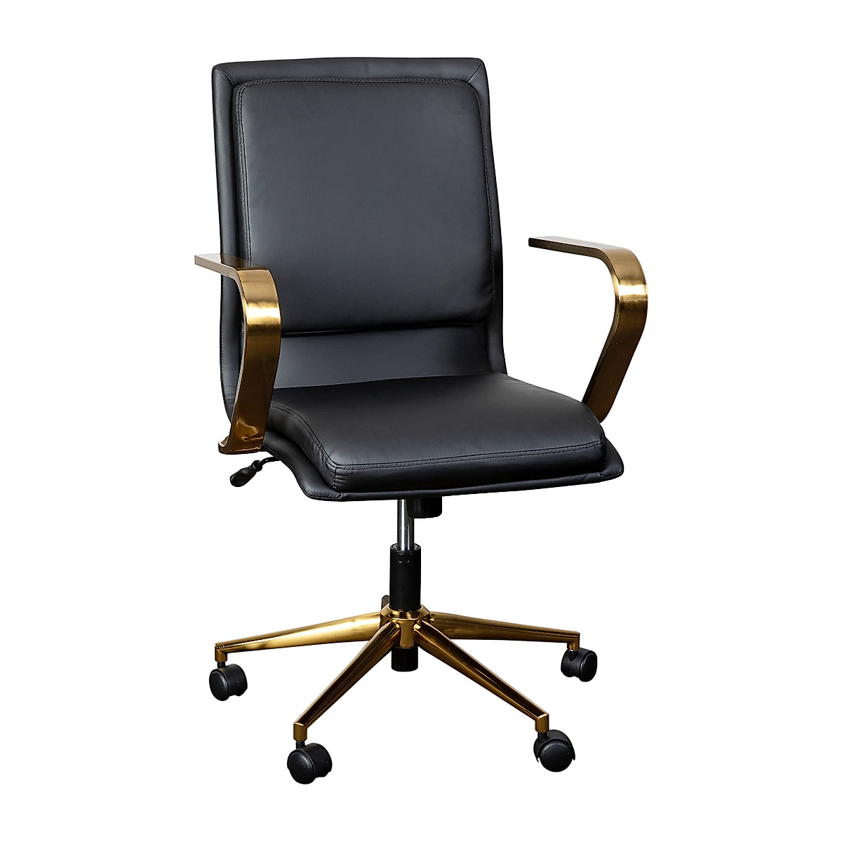 BizChair Mid-Back Designer Executive Office Chair - Black LeatherSoft Upholstery - Brushed Gold Base and Arms - Height Adjustable 360° Swivel Seat