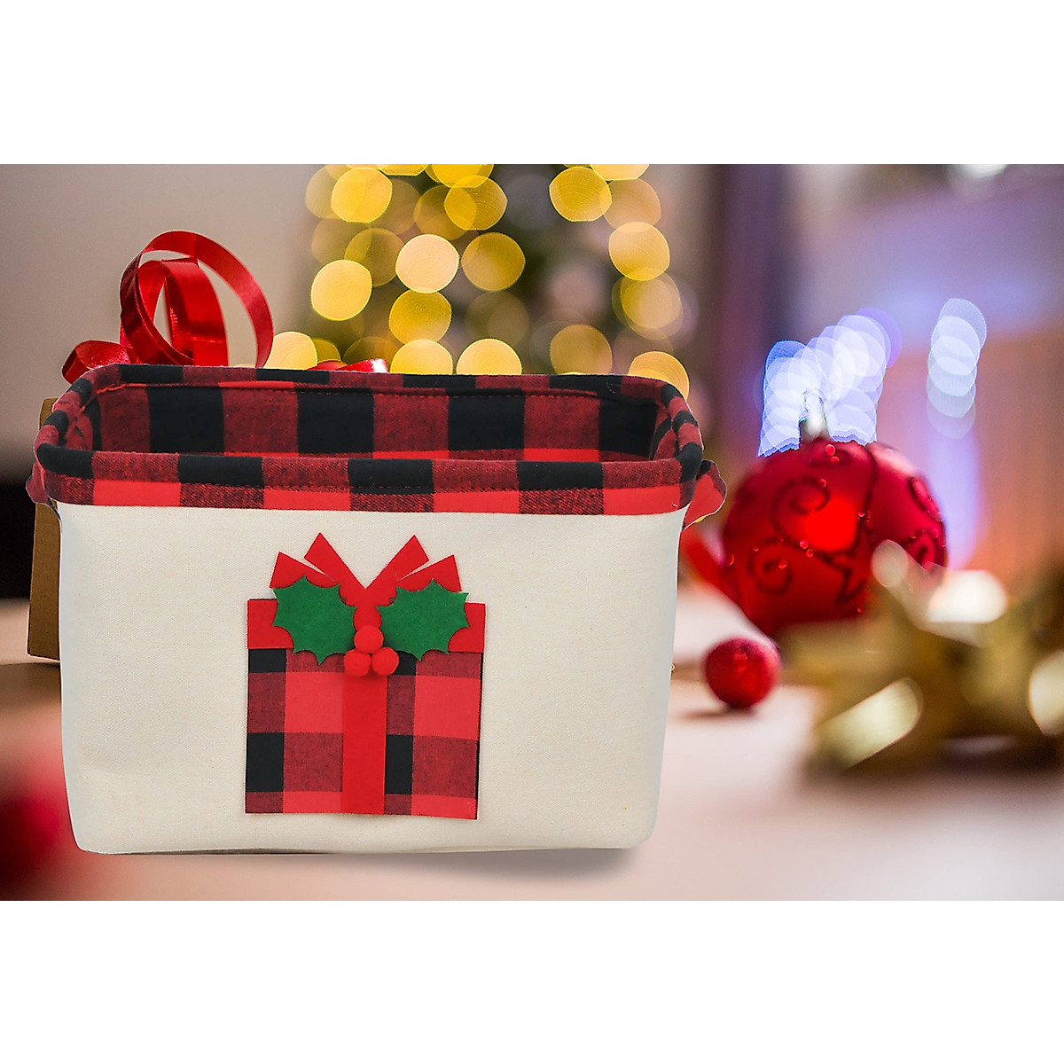 A Tisket A Tasket Christmas Gift, Christmas Decoration Storage Basket with Handle for Holiday Christmas Halloween, Christmas Surprise Pattern Large Collapsible Storage Box for Living Room 13"