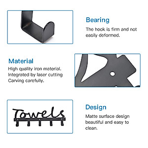 OHAHO Towel Racks 5 Hooks Sandblasted Robe Hooks Wall Mount Towel Holder Metal Towel Racks Rustproof and Waterproof for Kitchen Storage Organizer Rack, Bathroom Towels, Robes, Clothing (Black)