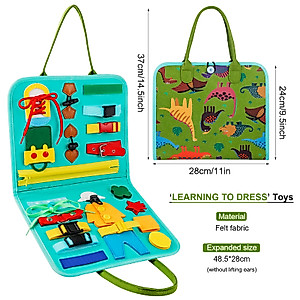 Busy Board for Toddler 1-3 Years Old - Dinosaur Montessori Sensory Toys Baby Kids Activities Travel Educational Toy Preschool Learning Fine Motor Skills Basic Dressing Skills Airplane and Car