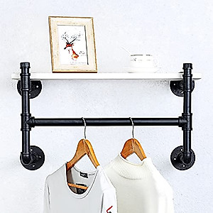 HAOVON Industrial Pipe Clothing Rack Wall Mounted Wood Shelf,Pipe Shelving Floating Shelves,Retail Garment Rack Display Rack Clothes Racks(1 Tier,24in)