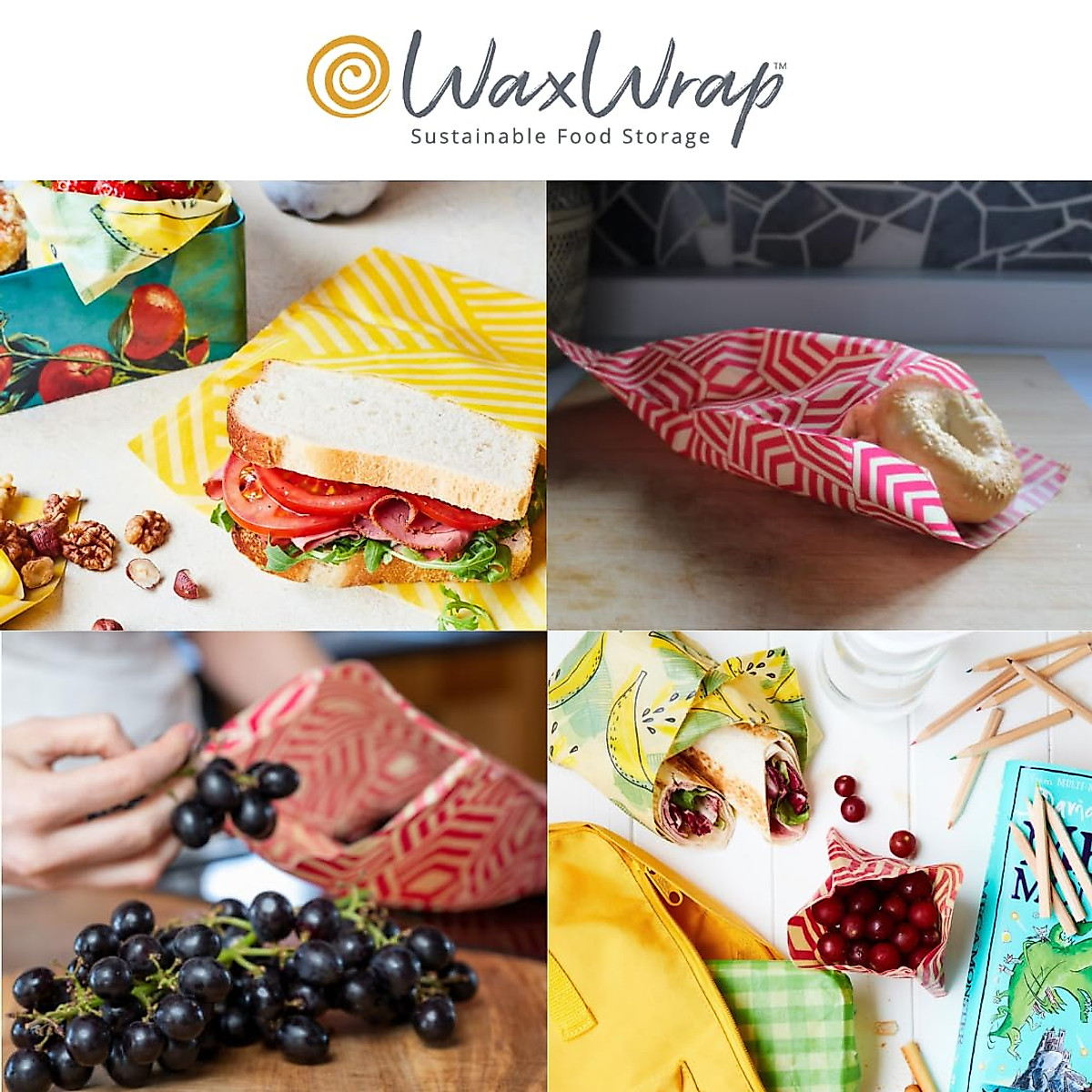 WaxWrap Beeswax Wraps For Food, Organic Cotton Food Bags - Sustainable Plastic Bag Alternative, Reusable Snack Bags, Bees Wax Wraps Reusable Food Storage - Assorted 3 Pack (S, M, L)