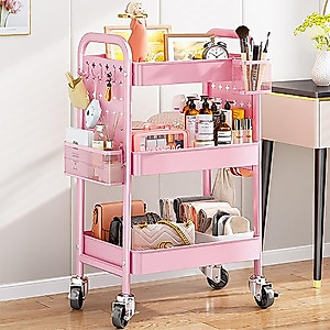 3 Tier Rolling Cart Organizer - Utility Cart on Wheels, Metal Pink Rolling Storage Cart with DIY Dual Pegboards, Removable Baskets Hooks, Teacher Rolling Art Cart for Office, Home, Kitchen, Classroom