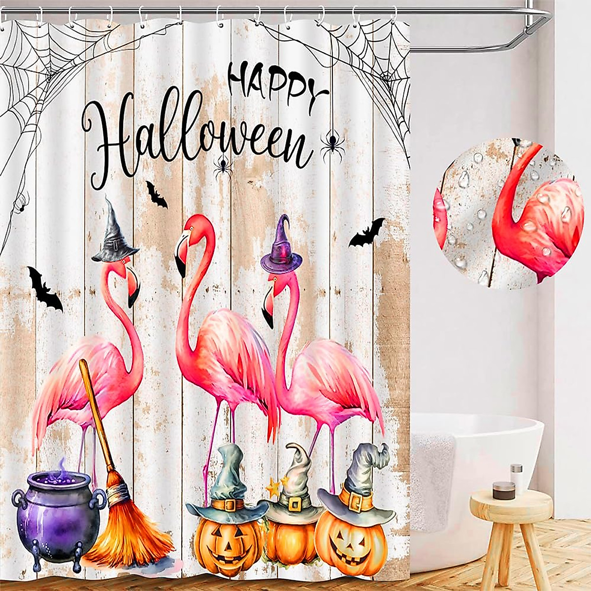 BBIOKD Halloween Shower Curtain Vintage Funny Flamingo Horror Gothic Pumpkin on Grey Wood Magic Witch Hat with Bat Bathroom Fabric Polyester Bath Curtains Bathroom Set with Hooks 70x70 Inch