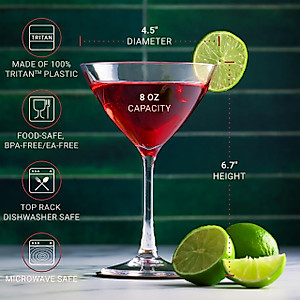 Unbreakable Plastic Martini Glasses, 100% Tritan Shatterproof Plastic Cocktail Glasses, Premium Quality, BPA-Free Dishwasher-Safe Reusable, 8 oz Set of 4