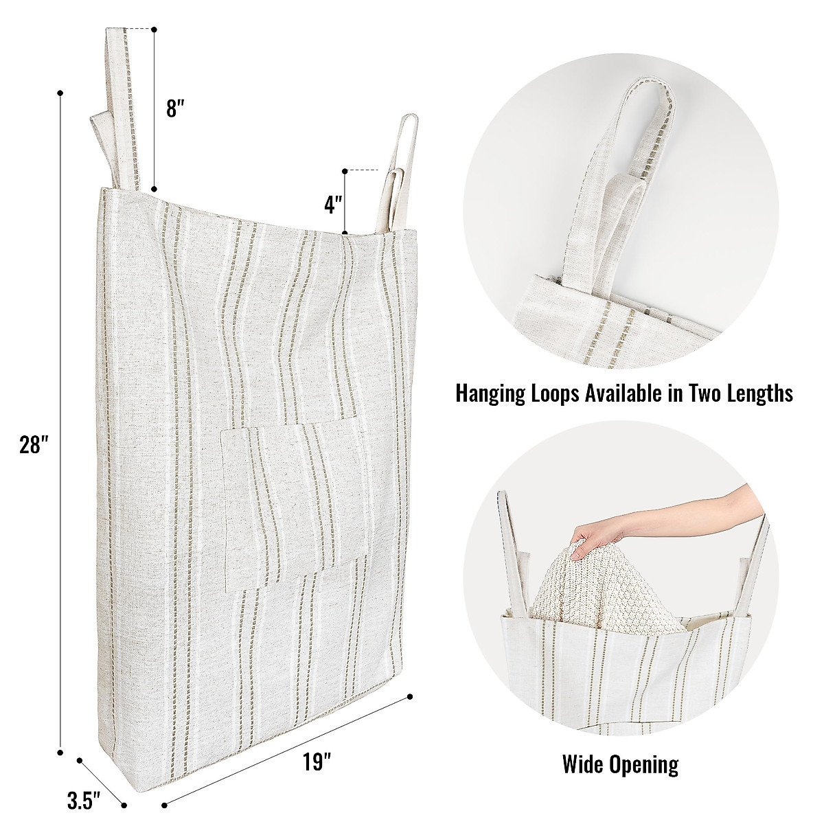 AELS Farmhouse Hanging Laundry Hamper with 2 Hooks, Boho Beige & Brown Stripes Linen Laundry Bag with Zipper & Wide Open Top, Over the Door Organizer for Dirty Clothes, Washable Space Saving Storage