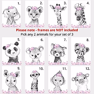 Personalized Safari Animals for Baby Girls Nursery Bedroom Unframed Set of 3 Poster Prints, Personalized Name Pink Purple Flowers Wall Art Decor New Baby Gift Present, Elephant Giraffe Panda Zebra Lion (8x10)