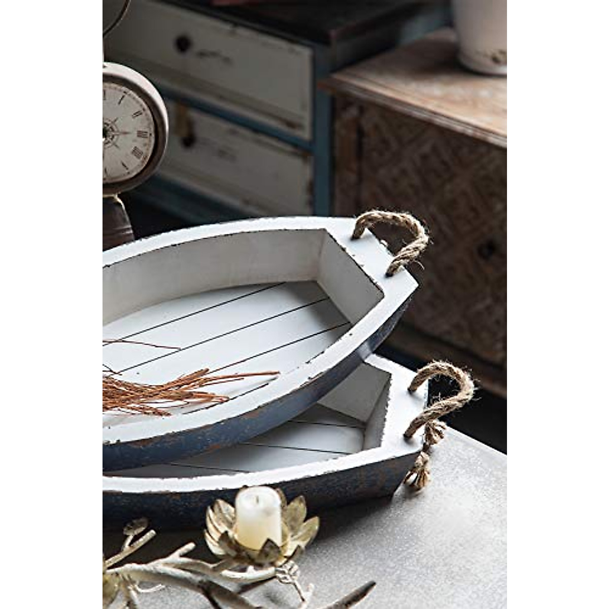 Distressed White Nesting Wood Serving Tray for Eating with Rope Handles,Set of 2 Farmhouse Handwork Boat Shaped Large Decoration Serving Trays for Party Kitchen Counter, Dining Room Coffee Table