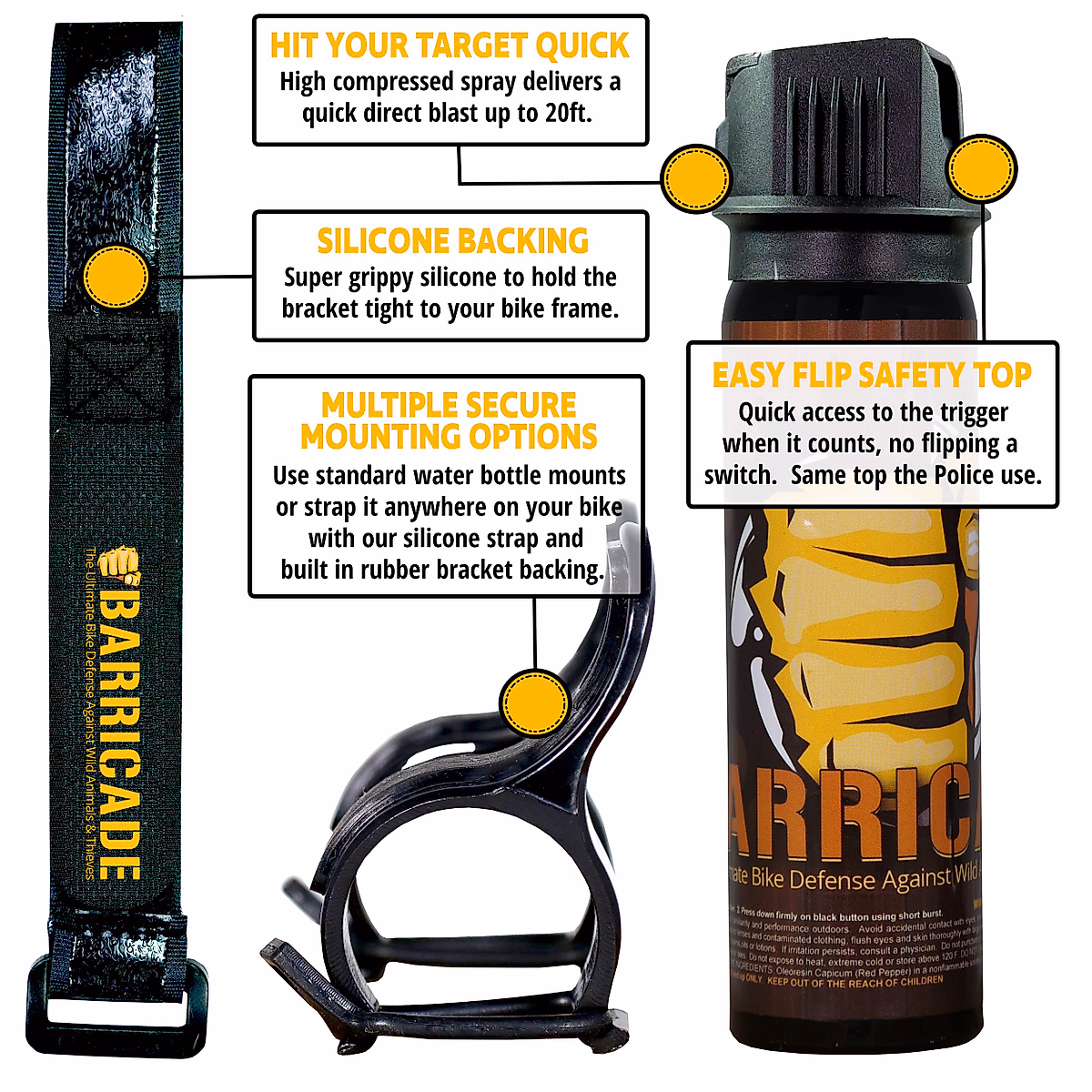 Barricade Pepper Spray for Cyclists - Bicycle Mount - Attaches to Water Bottle Cage & Multiple Other Bike Mounted Locations - 4 Ounce Can of Police Grade Pepper Spray