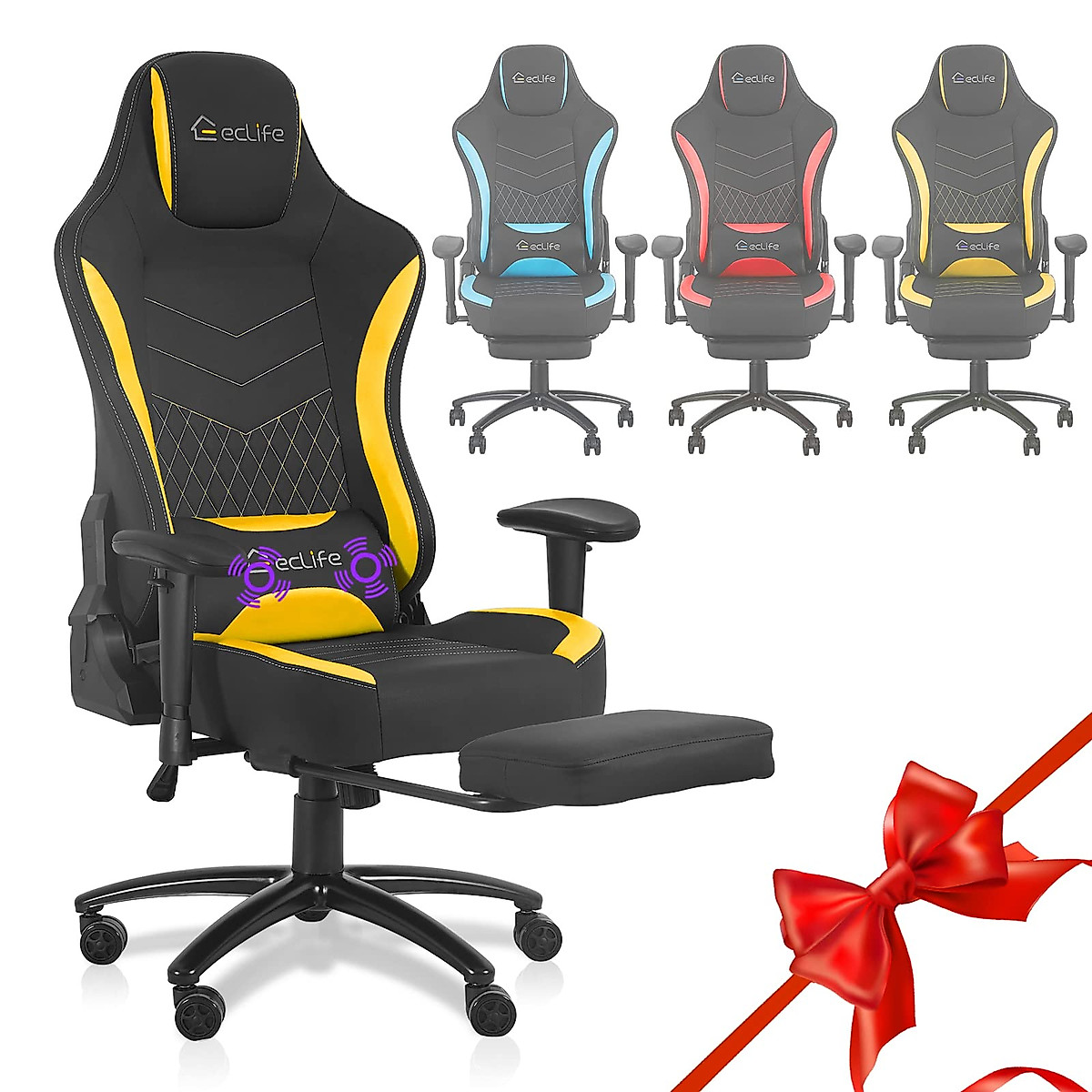Gaming Chair Racing Footrest Massage Computer - Cushioned Comfort High Back PU Leather USB Vibrator Ergonomic Recliner Home Office Video Game for Kids for Gift for PS5 (Yellow, D06)