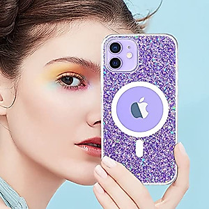 ESTPEAK Magnetic Bling Case for iPhone 13 Pro Max [Compatible with MagSafe] [Cute Twinkle Glitter Design ] Aesthetic Slim Shockproof Protect Sparkle Unique Silicone Phone Cover for Women Girls-Purple