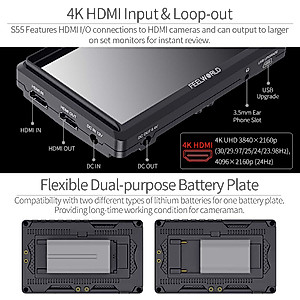 FEELWORLD S55 5.5 inch Camera DSLR Field Monitor Small Full HD 1920x1152 IPS LUT Video Peaking Focus Assist with 4K HDMI 8.4V DC Input Output Include Tilt Arm