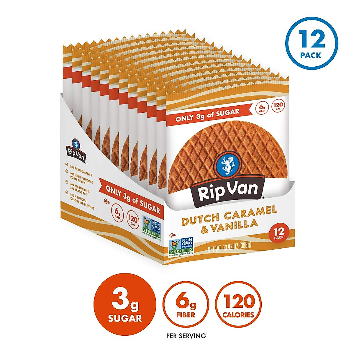 Rip Van WAFELS Dutch Caramel & Vanilla Stroopwafels, Healthy Non GMO, Low Calorie / Sugar Office Snacks, Keto Friendly, (3g), 12 Count (Packaging May Vary)