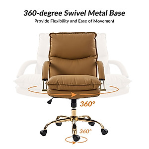 HULALA HOME Office Desk Chair, Leather Adjustable Swivel Computer Chair with Golden Legs and Padded Arms, Comfy Upholstered Task Chair, Camel