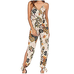 Bravetoshop Women's Summer Spaghetti Strap Jumpsuit V Neck Floral Print Sleeveless Wrap Long Pants Romper with Pockets (Beige,M)