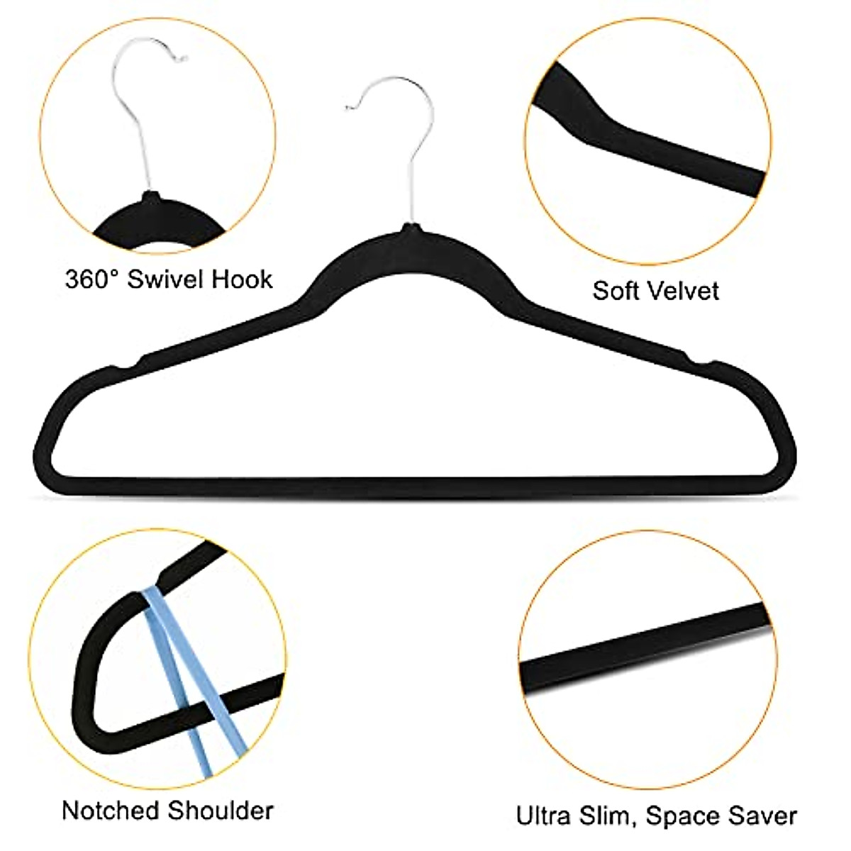 Velvet Clothes Hangers, 10 Pack Black Clothes Hangers, Non-Slip Hangers for Suit, Dress, Top Space Saving Clothing Hangers Set for Closet, Wardrobe, 360° Swivel Hook, Ultra Slim, Summer