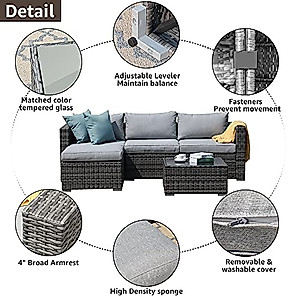 Patiorama 5 Piece Outdoor Patio Furniture Set, Outdoor Sectional Conversation Set, All-Weather Grey PE Wicker w/Light Grey Cushions, Outdoor Backyard Porch Garden Poolside Balcony Furniture Set