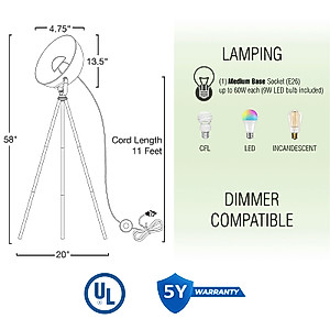 Kira Home Sulis 58" Modern Industrial Tripod LED Floor Lamp + 9W Bulb (Energy Efficient/Eco-Friendly), Leather Accent Legs, Satellite Style Shade, Black Finish
