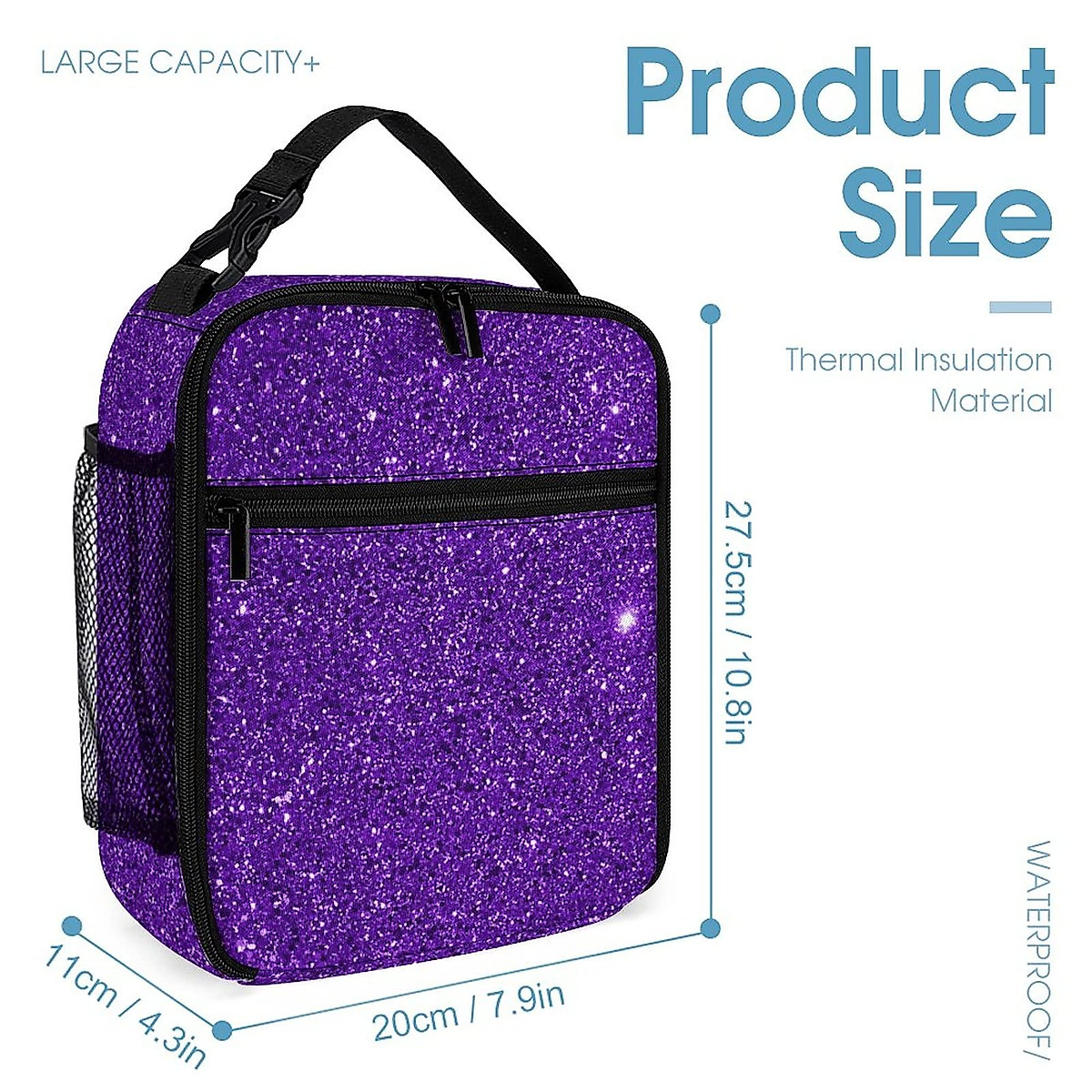 Insulated Lunch Bag Purple Glitter School Lunch Box for 6+ Years Old Boys Girls Bling Thermal Reusable Work Lunch Cooler for Men Women Office