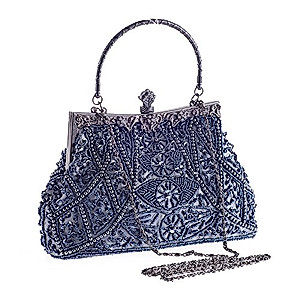 Vintage Beaded and Sequined Women Evening Bag Evening Purse Clutch Bag Grey-Blue