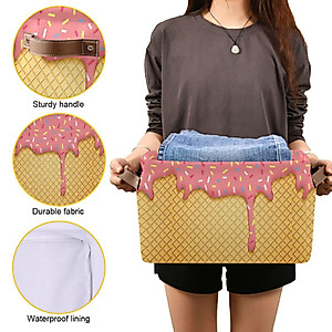 Kigai Ice Cream Cone Storage Basket 1pc, Large Collapsible Toys Clothes Organizer, Durable Canvas Storage Bin with Handle for Shelves Closet Laundry Home Office Decor