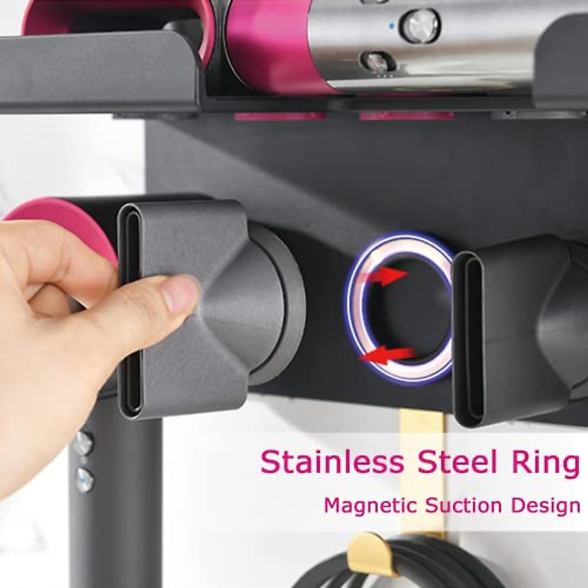 Wall Mount Holder Compatible with Dyson Airwrap Styler, No Punching Installation, 2 in 1 Organizer Storage Shelf Fits Curling Iron Wand Barrels Brushes Diffuser Nozzles for Home Bedroom Bathroom