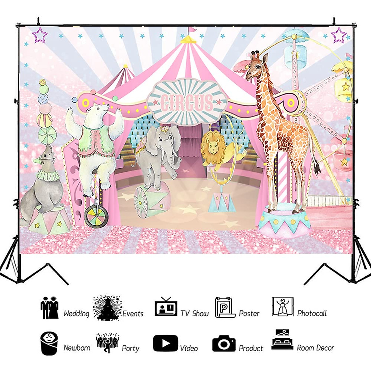Withu Pink Circus Backdrop Big Top Tent Animals Carnival Kids Girl Birthday Party Dessert Candy Cake Table Decor Baby Shower Banner Photo Photography Background